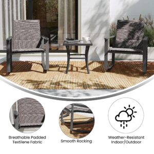 Flash Furniture FV-FSC-2315-GRY-GG Brazos Outdoor Rocking Chair Bistro Flex Comfort Material and Metal Framed Glass Top Table, 3-Piece Set, Gray/Black