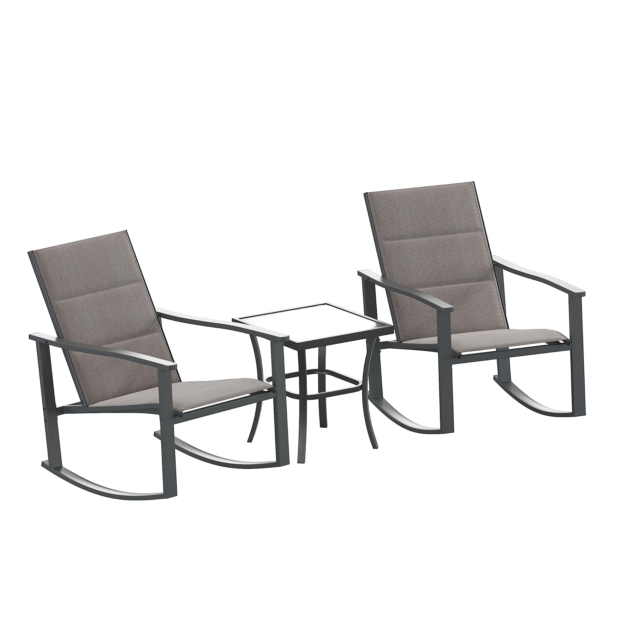 Flash Furniture FV-FSC-2315-GRY-GG Brazos Outdoor Rocking Chair Bistro Flex Comfort Material and Metal Framed Glass Top Table, 3-Piece Set, Gray/Black