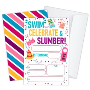 haipino pool swim slumber birthday party invitations, water slide pool birthday party invite for kids girls boys, summer birthday party celebration supplies, 20 invitations with envelopes - jy760