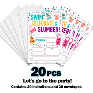 haipino Pool Swim Slumber Birthday Party Invitations, Water Slide Pool Birthday Party Invite for Kids Girls Boys, Summer Birthday Party Celebration Supplies, 20 Invitations with Envelopes - JY760