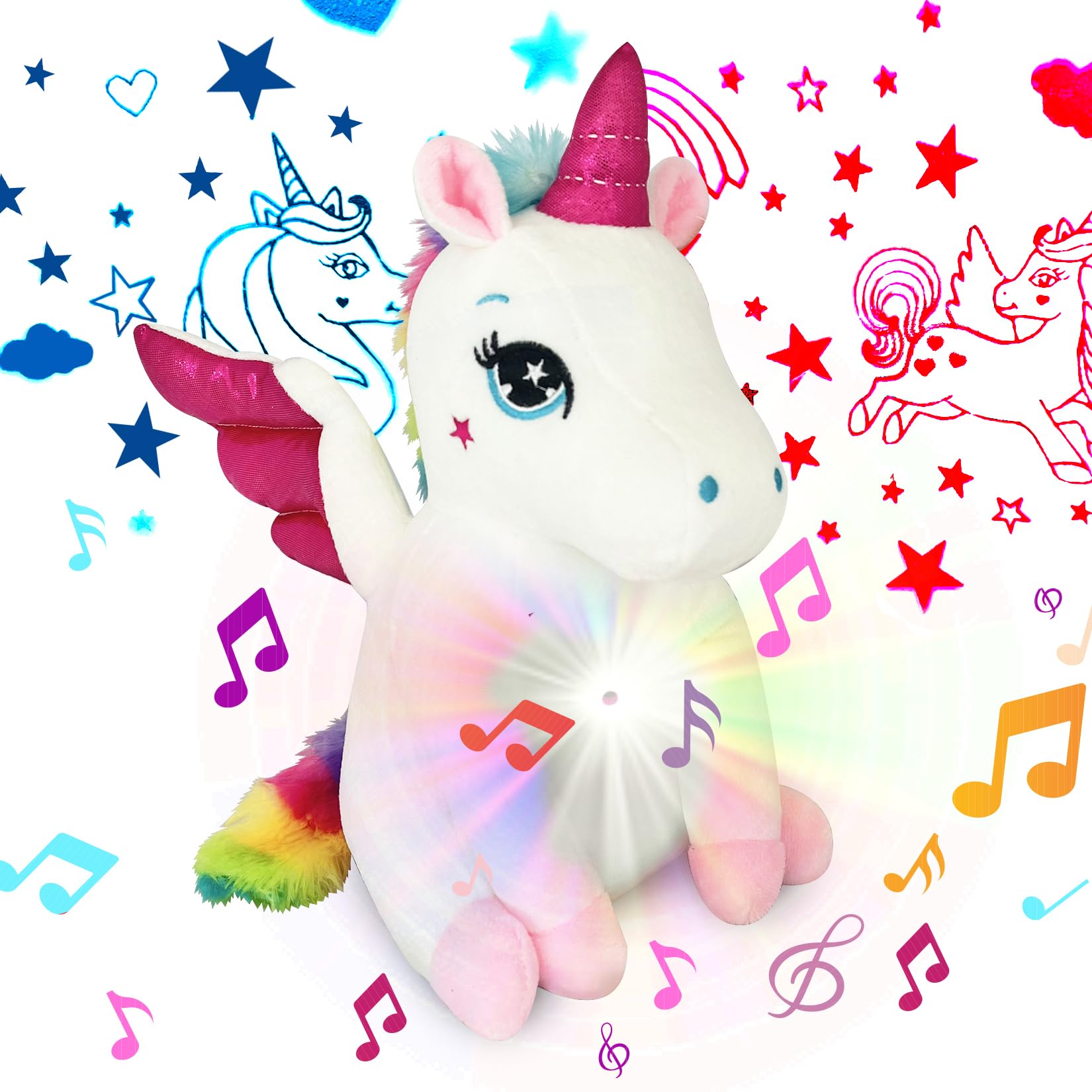 Unicorn Light Up Cutie, Musical Stuffed Animal & Night Light - Projector Plush Illuminating Stars & Cute Unicorns on The Wall - 7 Calm Melodies - Gift for Kids, Girls, Toddlers