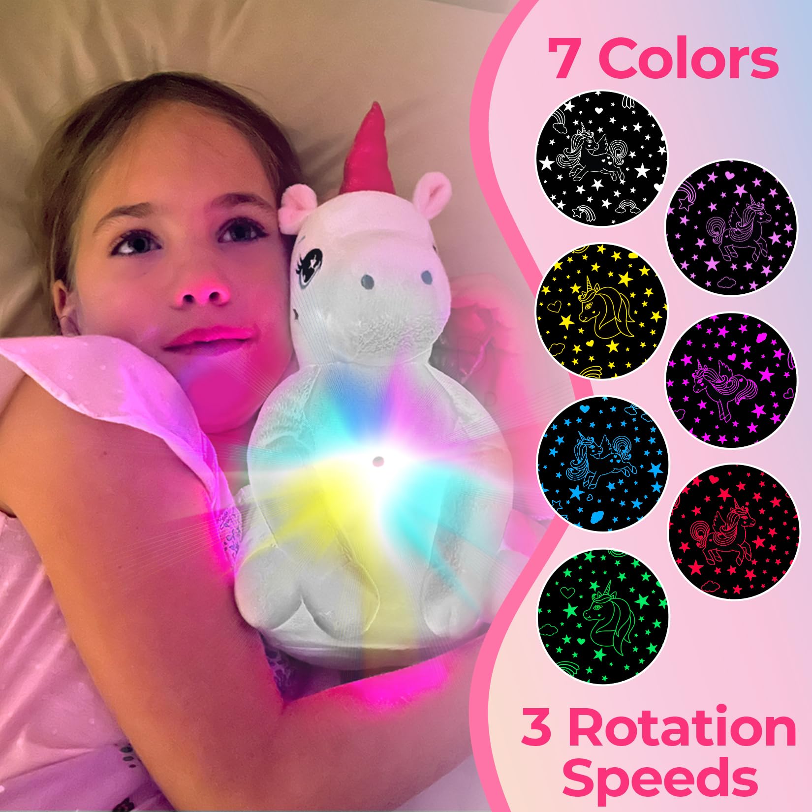 Unicorn Light Up Cutie, Musical Stuffed Animal & Night Light - Projector Plush Illuminating Stars & Cute Unicorns on The Wall - 7 Calm Melodies - Gift for Kids, Girls, Toddlers