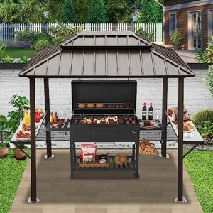 domi 8’ x 6’ grill gazebo, outdoor aluminum bbq gazebo with 2 side shelves, hardtop double roof permanent sun shade with ceiling hooks for patio deck yard garden (brown)