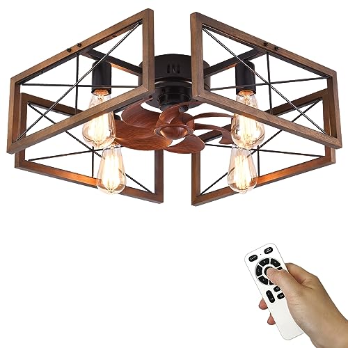 Capslpad 20''Farmhouse Flush Mount Ceiling Fan with Light and Remote Control,Industry Wood Low Profile Fan Rustic Industrial Caged Indoor Ceiling Fan for Bedroom Living Room Kitchen (4-Light)