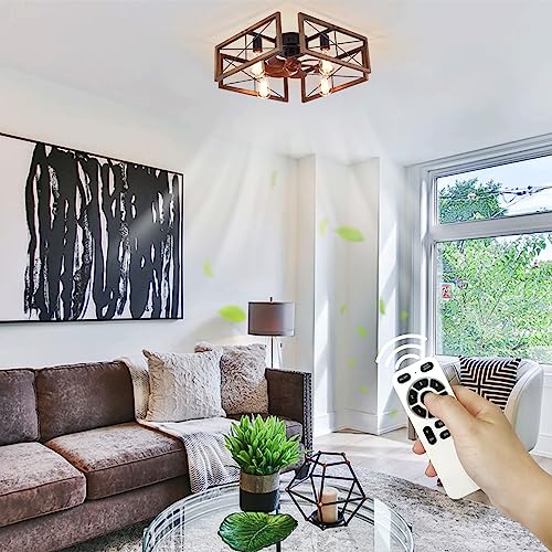 Capslpad 20''Farmhouse Flush Mount Ceiling Fan with Light and Remote Control,Industry Wood Low Profile Fan Rustic Industrial Caged Indoor Ceiling Fan for Bedroom Living Room Kitchen (4-Light)