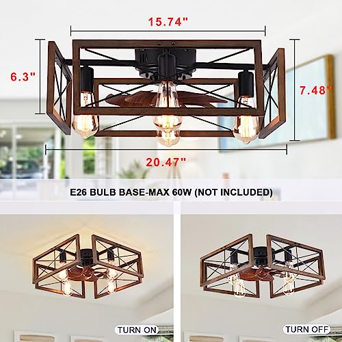 Capslpad 20''Farmhouse Flush Mount Ceiling Fan with Light and Remote Control,Industry Wood Low Profile Fan Rustic Industrial Caged Indoor Ceiling Fan for Bedroom Living Room Kitchen (4-Light)