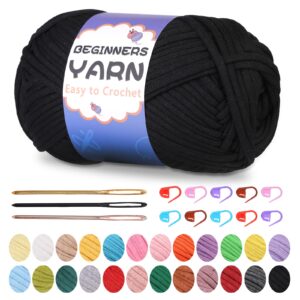 200g yarn for crocheting, beginners yarn, easy yarn for beginners with easy-to-see stitches, stitch marker, big eye blunt needle, crochet yarn for crocheting (black)