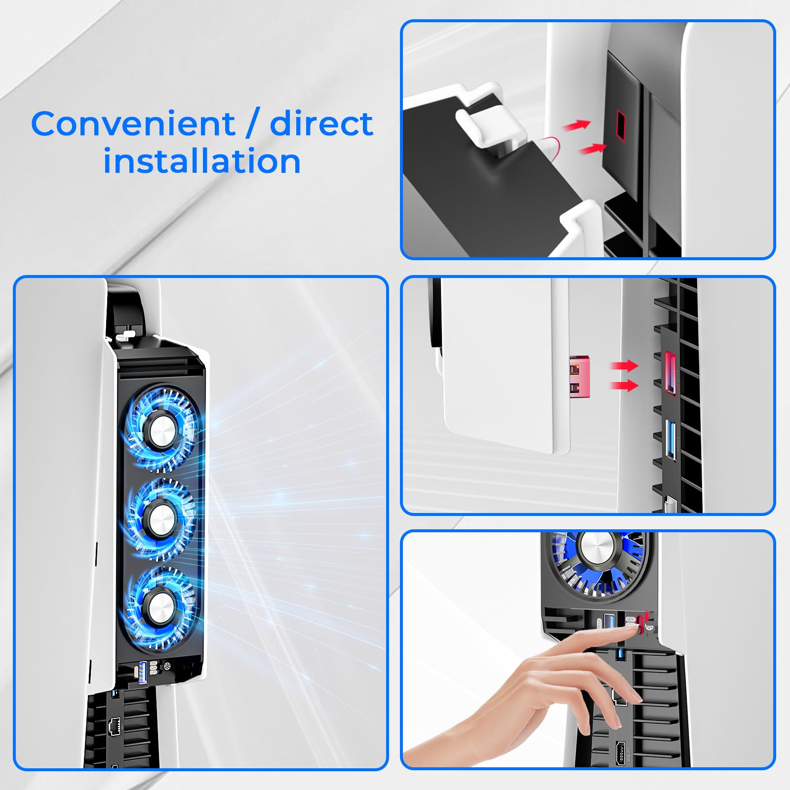 Upgraded PS5 Cooling Fan with LED Light,Quiet and Efficient Cooling System for PS5 Cooler,2 Fan Speeds,3 Small Fans,USB 3.0 Port Compatible with PlayStation 5 Digital & Discs Edition