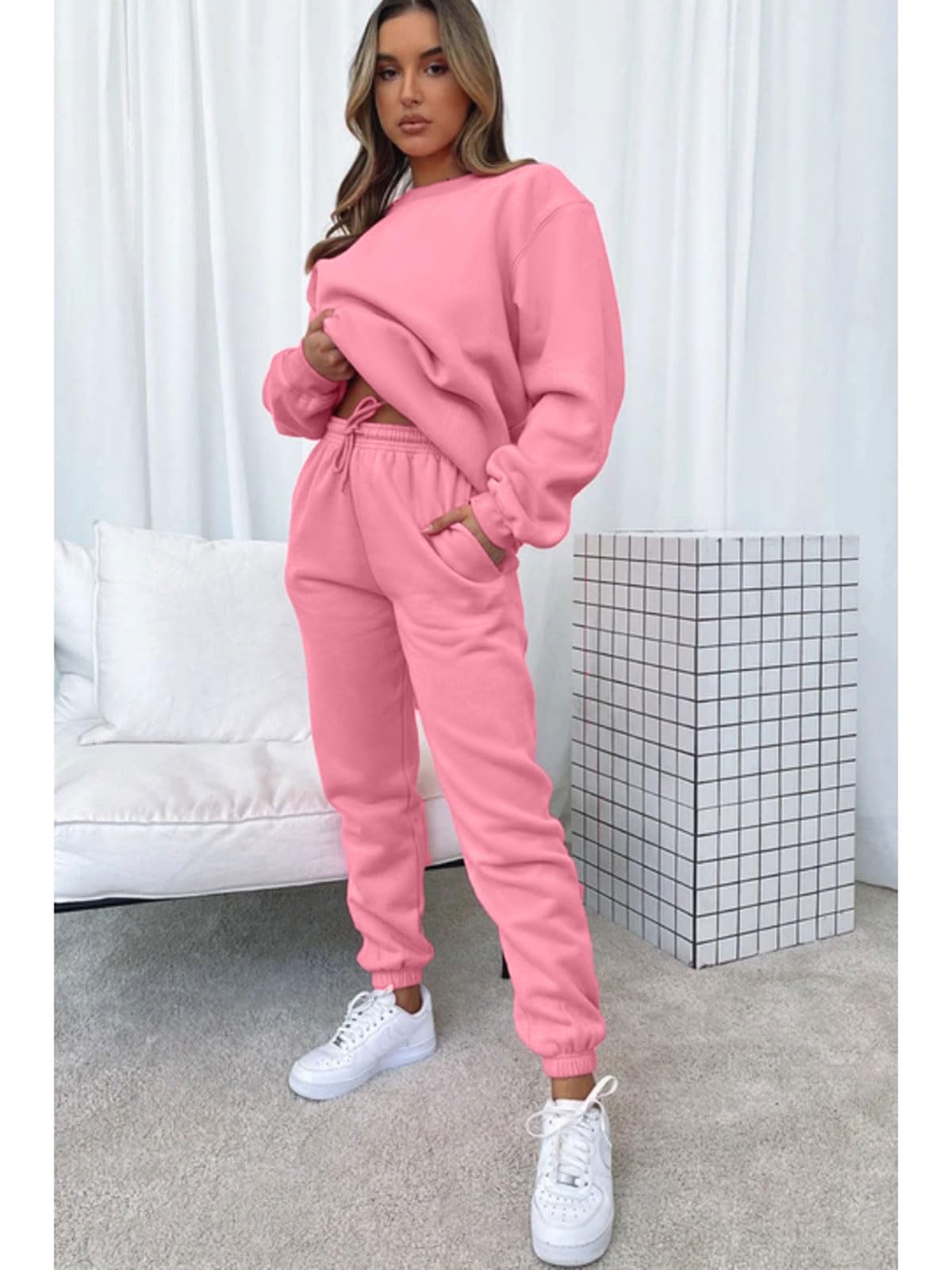 KANSOON Outfits for Women 2 Piece Sets Long Sleeves Pullover Sweatshirt Drawstring Jogger Sweatpants Set Pink S