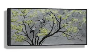 hand painted oil painting canvas wall art abstract black & white birds on tree front load frame 10x20" extra 1/4" slim 0.71" height wood moulding 3d brushstroke for home decor office living bed dining