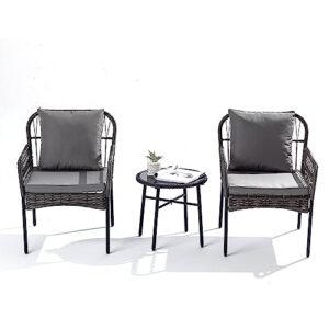 homsido small patio furniture set 3 pieces boho outdoor rattan woven chairs wicker garden conversation balcony bistro sets for yard,pool or backyard,front porch(grey wicker grey cushions)