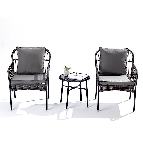 Homsido Small Patio Furniture Set 3 Pieces Boho Outdoor Rattan Woven Chairs Wicker Garden Conversation Balcony Bistro Sets for Yard,Pool or Backyard,Front Porch(Grey Wicker Grey Cushions)