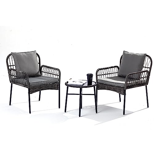 Homsido Small Patio Furniture Set 3 Pieces Boho Outdoor Rattan Woven Chairs Wicker Garden Conversation Balcony Bistro Sets for Yard,Pool or Backyard,Front Porch(Grey Wicker Grey Cushions)