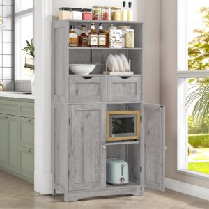 Iwell Tall Storage Cabinet with 2 Drawers & Adjustable Shelves, Bathroom Cabinet with Doors, Cupboard, Floor Cabinet for Living Room, Dining Room, Entryway, Grey