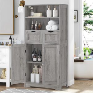 Iwell Tall Storage Cabinet with 2 Drawers & Adjustable Shelves, Bathroom Cabinet with Doors, Cupboard, Floor Cabinet for Living Room, Dining Room, Entryway, Grey