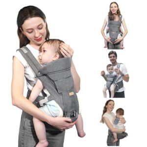 baby carrier with hip seat, 6-in-1 baby carrier newborn to toddler, head support and breathable mesh, adjustable removable soft ergonomic baby sling carrier (7-41 lbs) for everyday family events, grey