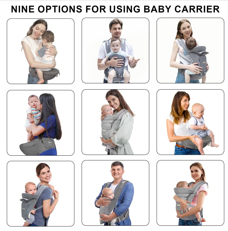 Baby Carrier with Hip Seat, 6-in-1 Baby Carrier Newborn to Toddler, Head Support and Breathable Mesh, Adjustable Removable Soft Ergonomic Baby Sling Carrier (7-41 lbs) for Everyday Family Events, Grey