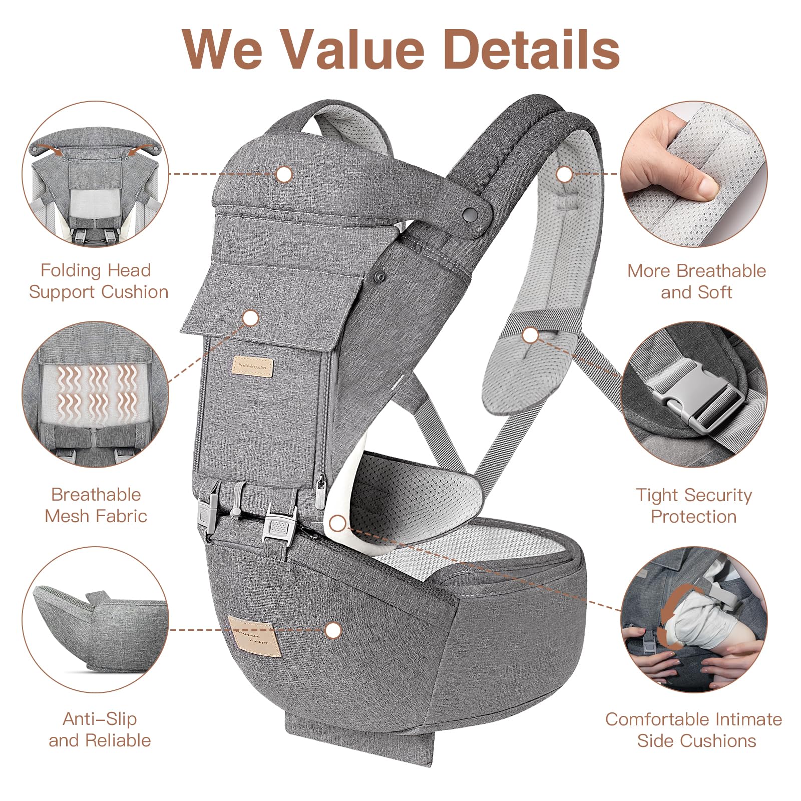 Baby Carrier with Hip Seat, 6-in-1 Baby Carrier Newborn to Toddler, Head Support and Breathable Mesh, Adjustable Removable Soft Ergonomic Baby Sling Carrier (7-41 lbs) for Everyday Family Events, Grey