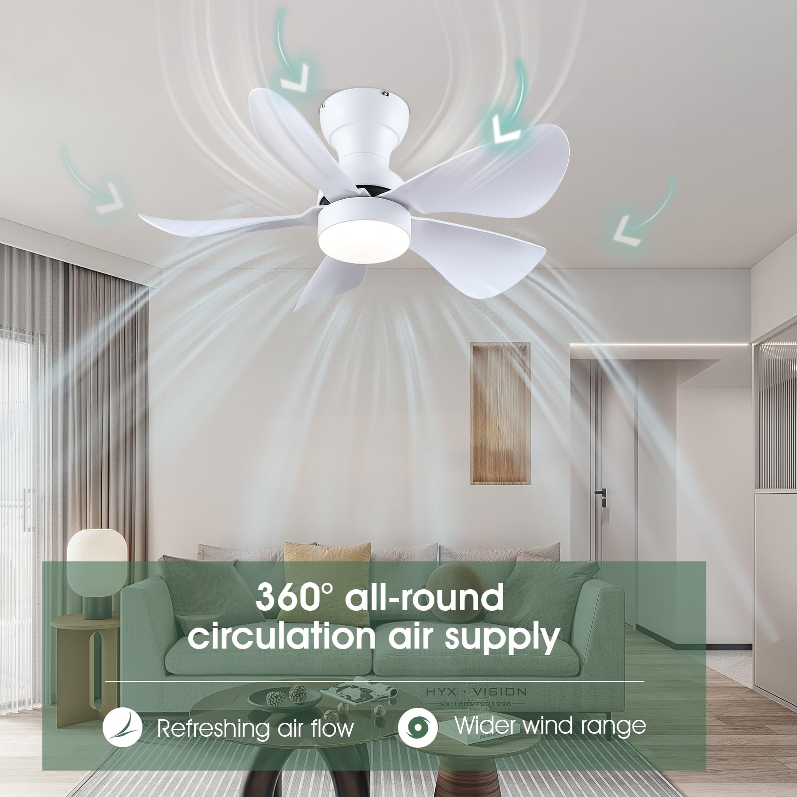 Kviflon Ceiling Fans with Lights and Remote/APP Control, 30 inch Low Profile Ceiling Fans with 5 Reversible Blades 3 Colors Dimmable 6 Speeds Ceiling Fan for Bedroom Kitchen Dining Room, White