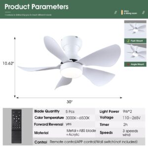 Kviflon Ceiling Fans with Lights and Remote/APP Control, 30 inch Low Profile Ceiling Fans with 5 Reversible Blades 3 Colors Dimmable 6 Speeds Ceiling Fan for Bedroom Kitchen Dining Room, White