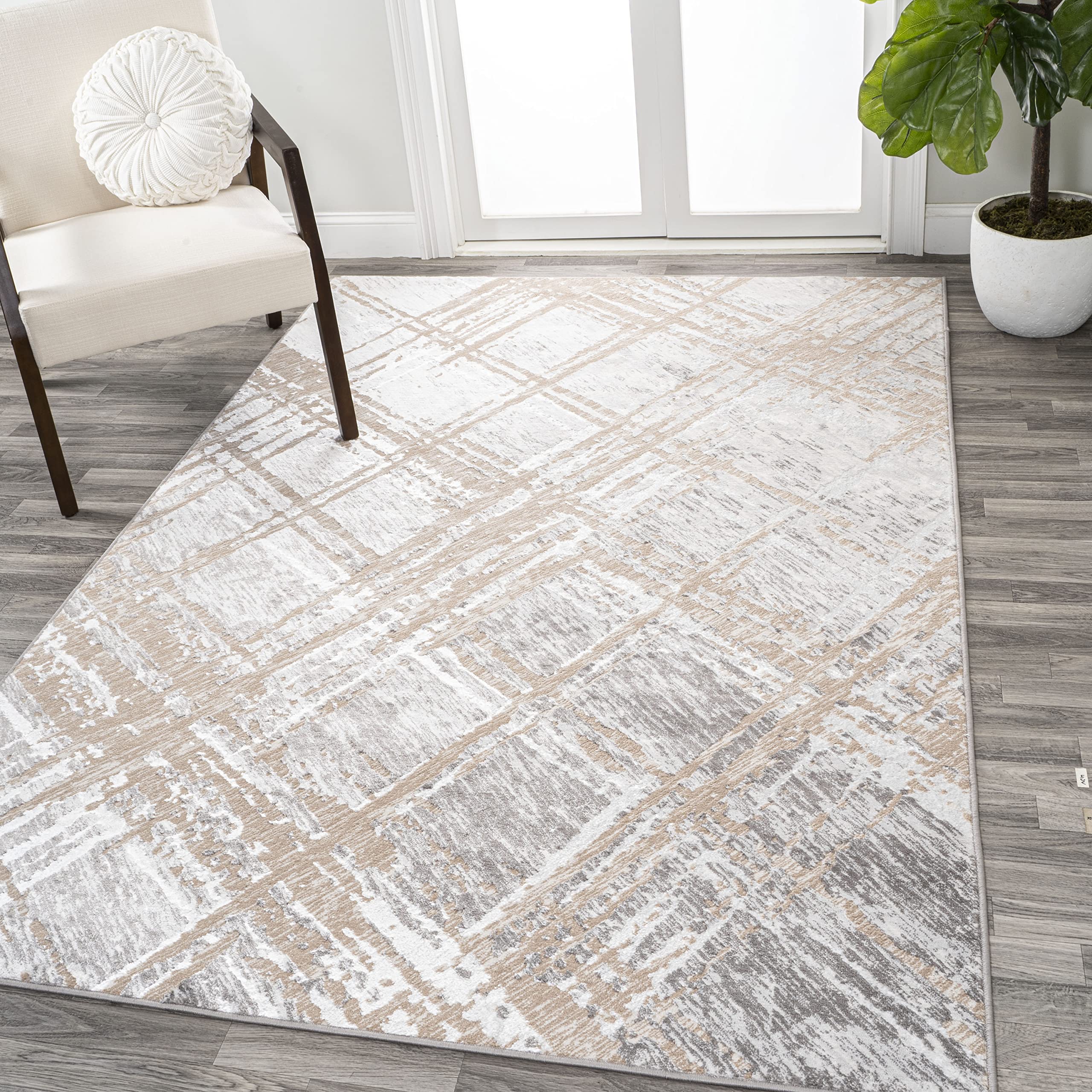 JONATHAN Y SOR201C-3 Slant Modern Abstract Indoor Area Rug, Transitional, Contemporary, Solid & Striped, Bedroom, Kitchen, Living Room, Easy-Cleaning, Non-Shedding, 3 X 5, Beige/Gray