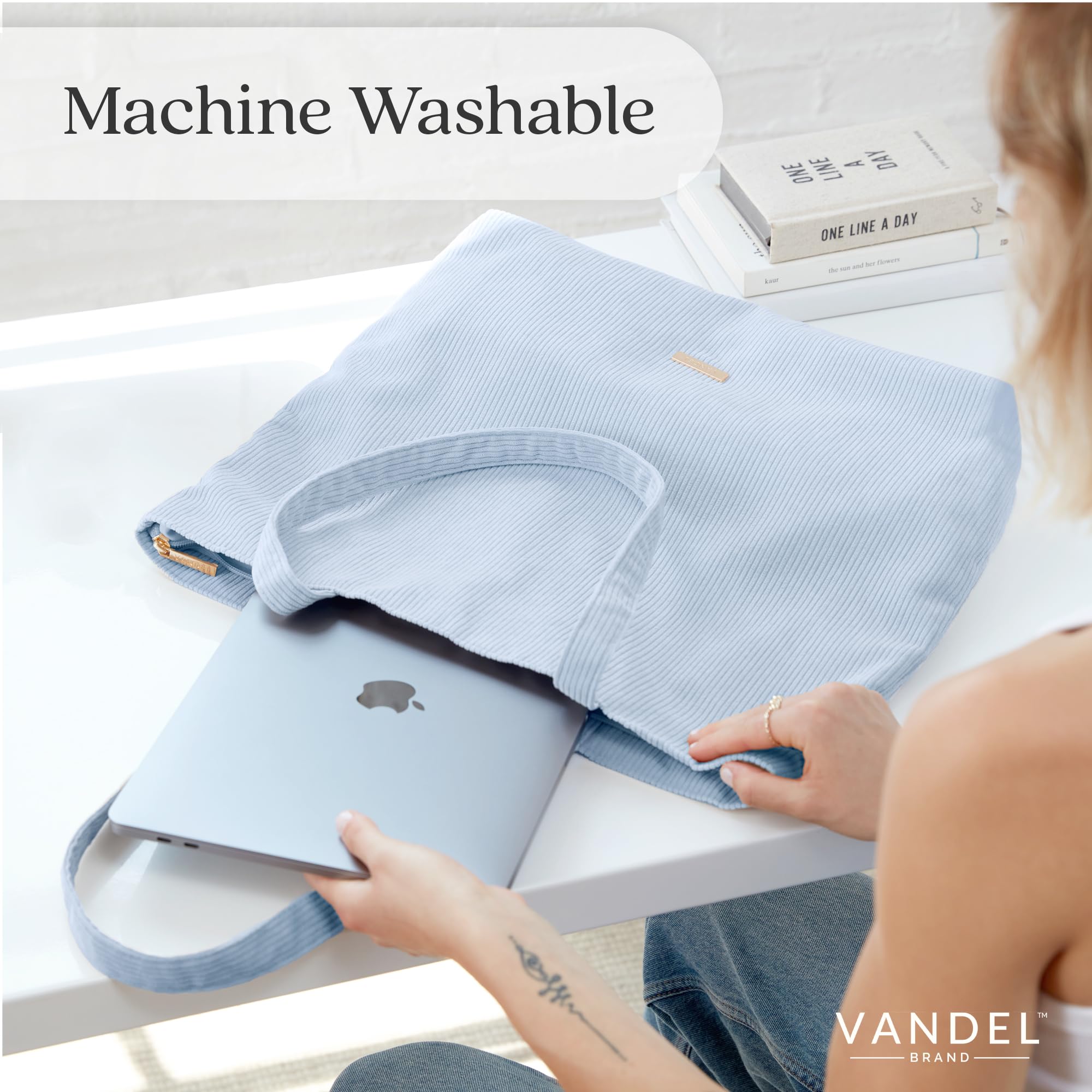 VANDEL Corduroy Tote Bag for Women and Men with Zipper and Inner Pockets. Blue Zipper Tote Bag, Cute Tote Bag Aesthetic