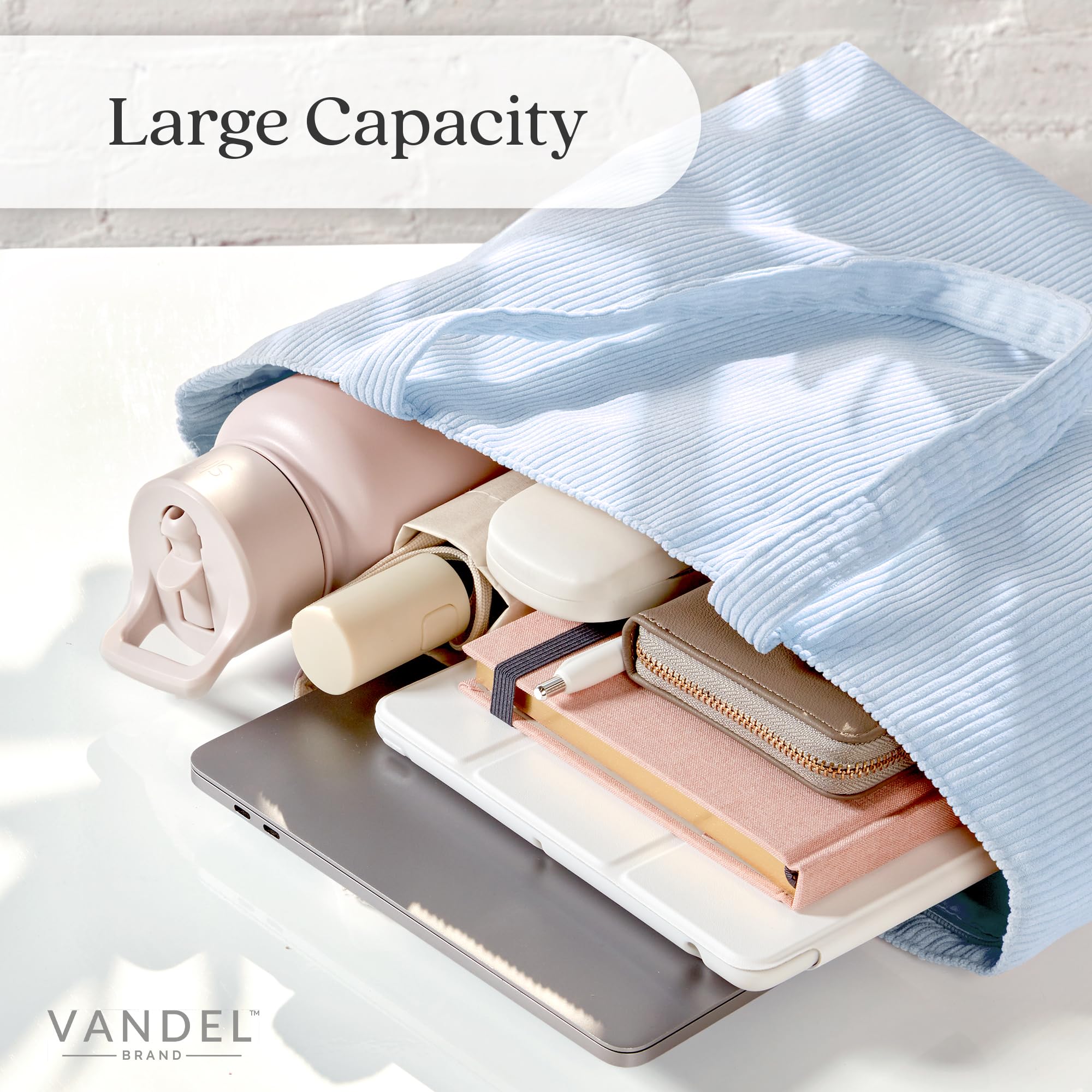 VANDEL Corduroy Tote Bag for Women and Men with Zipper and Inner Pockets. Blue Zipper Tote Bag, Cute Tote Bag Aesthetic