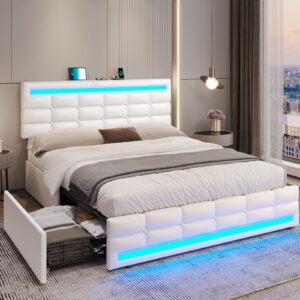 adorneve queen bed frame with drawers, led bed frame with charging station, pu leather platform bed frame queen size with storage & led lights headboard footboard, no box spring needed, white