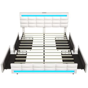 ADORNEVE Queen Bed Frame with Drawers, LED Bed Frame with Charging Station, Pu Leather Platform Bed Frame Queen Size with Storage & LED Lights Headboard Footboard, No Box Spring Needed, White