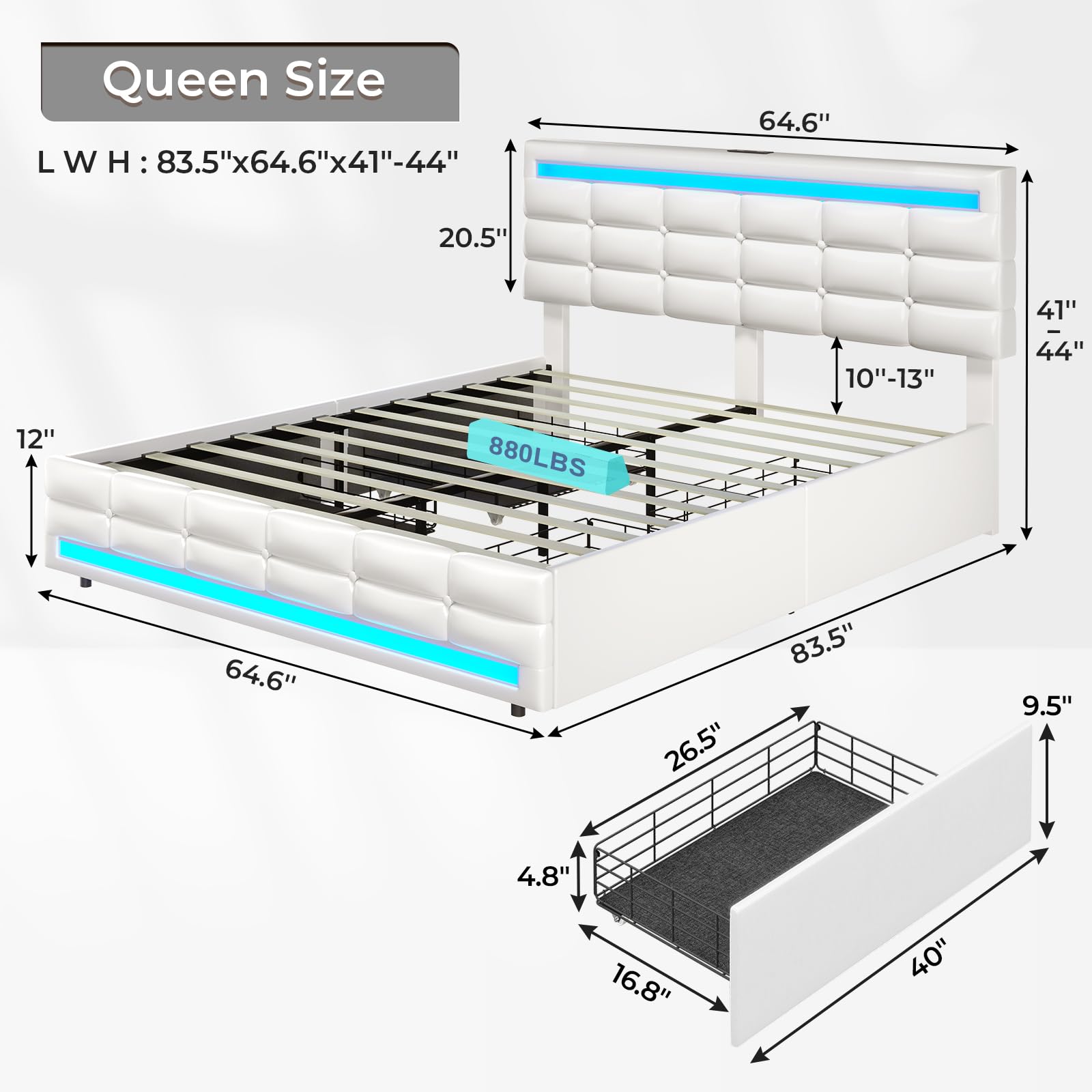 ADORNEVE Queen Bed Frame with Drawers, LED Bed Frame with Charging Station, Pu Leather Platform Bed Frame Queen Size with Storage & LED Lights Headboard Footboard, No Box Spring Needed, White