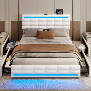 ADORNEVE Queen Bed Frame with Drawers, LED Bed Frame with Charging Station, Pu Leather Platform Bed Frame Queen Size with Storage & LED Lights Headboard Footboard, No Box Spring Needed, White