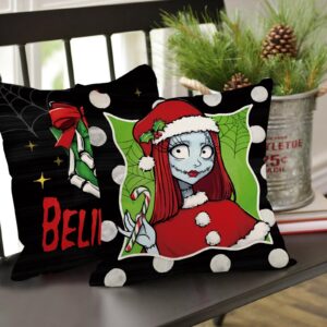 Fahrendom Merry Christmas Believe Decorative Throw Pillow Covers 18x18 Set of 4, Xmas Gift Black Green Patio Porch Outdoor Pillowcase, Polka Dots Jack Skellington Sally Winter Cushion Case Home Decor