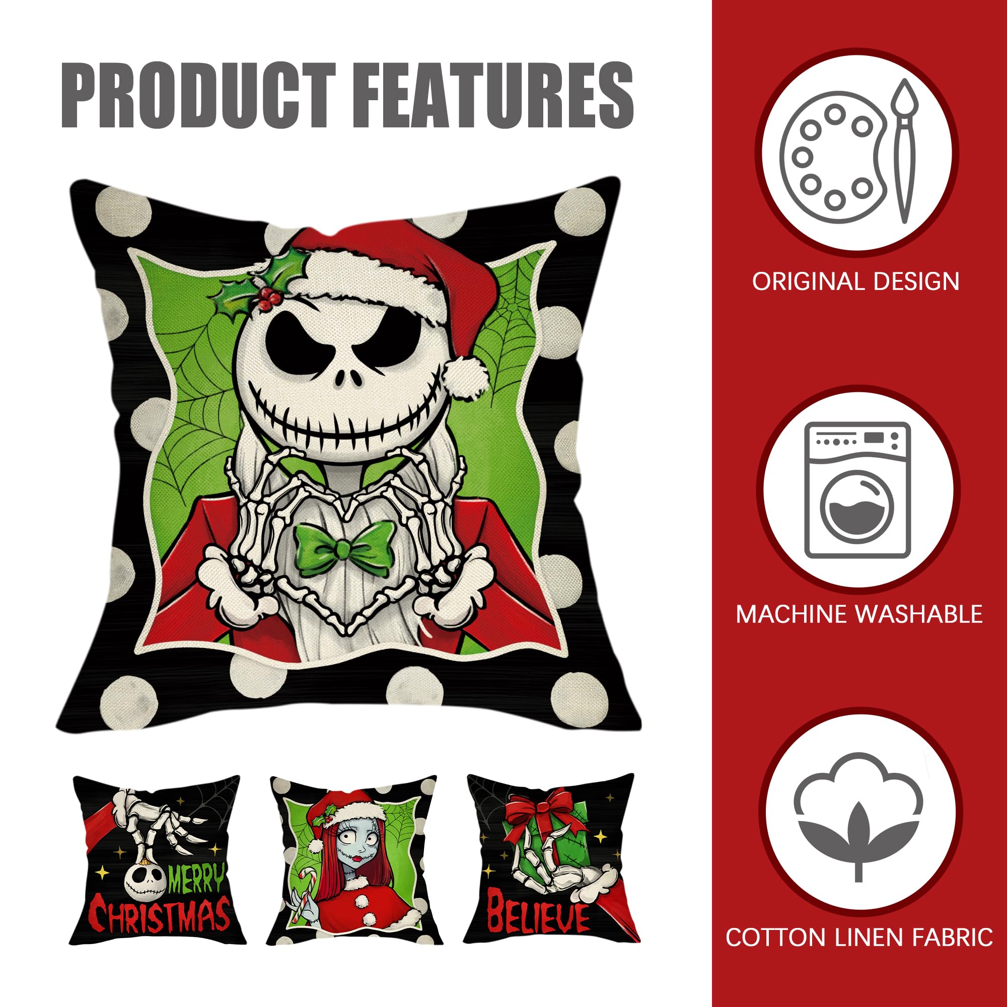 Fahrendom Merry Christmas Believe Decorative Throw Pillow Covers 18x18 Set of 4, Xmas Gift Black Green Patio Porch Outdoor Pillowcase, Polka Dots Jack Skellington Sally Winter Cushion Case Home Decor