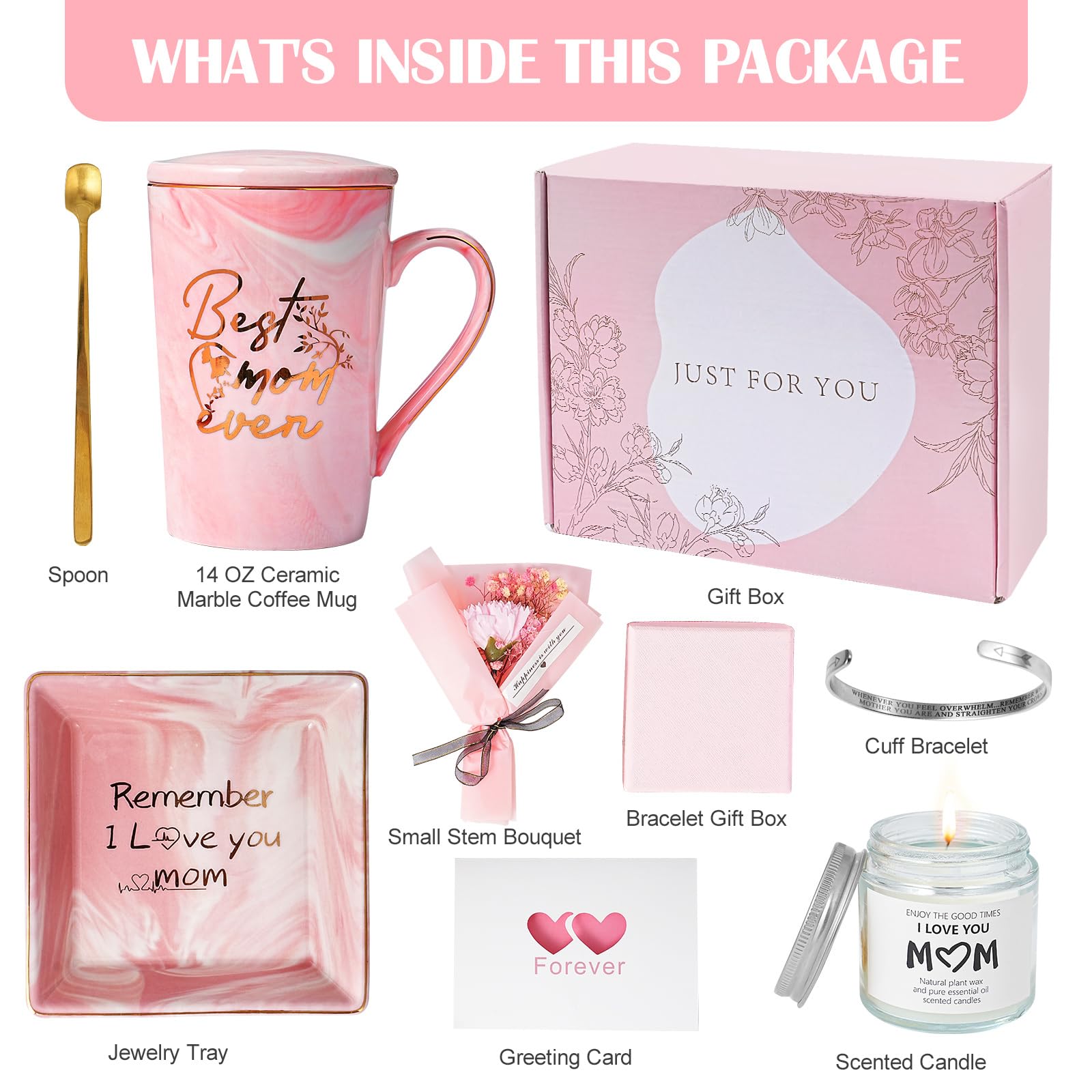 Dardeor Christmas Gifts Baskets for Mom, Best Mom Ever Coffee Mug, Birthday Gifts for Mom, Birthday Gifts Set for Mom from Kids, Mother's Day Gifts Boxes for Mom (Pink)