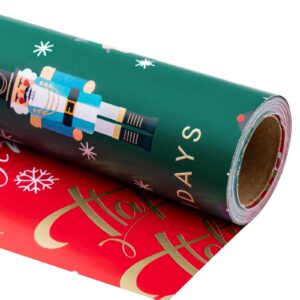 ruspepa reversible wrapping paper roll - mini roll - christmas nussknacker and happy holidays pattern great for christmas, party, holiday - 17.5 inches x 32.8 feet