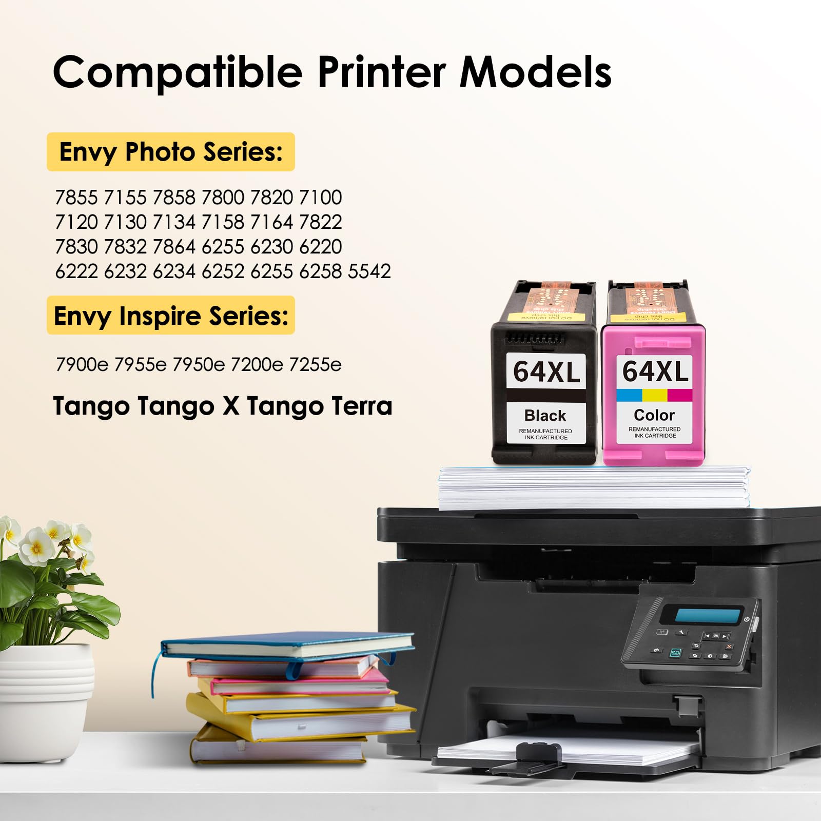 64XL Ink Cartridge Combo Pack Replacement for HP 64XL Ink Cartridges Fits for HP64 XL Printers HP Envy Photo 7855 7858 6252 6255 7800 7100 7155 7158 Tango Tango X Tango Terra Printer (Black/Tri-Color)