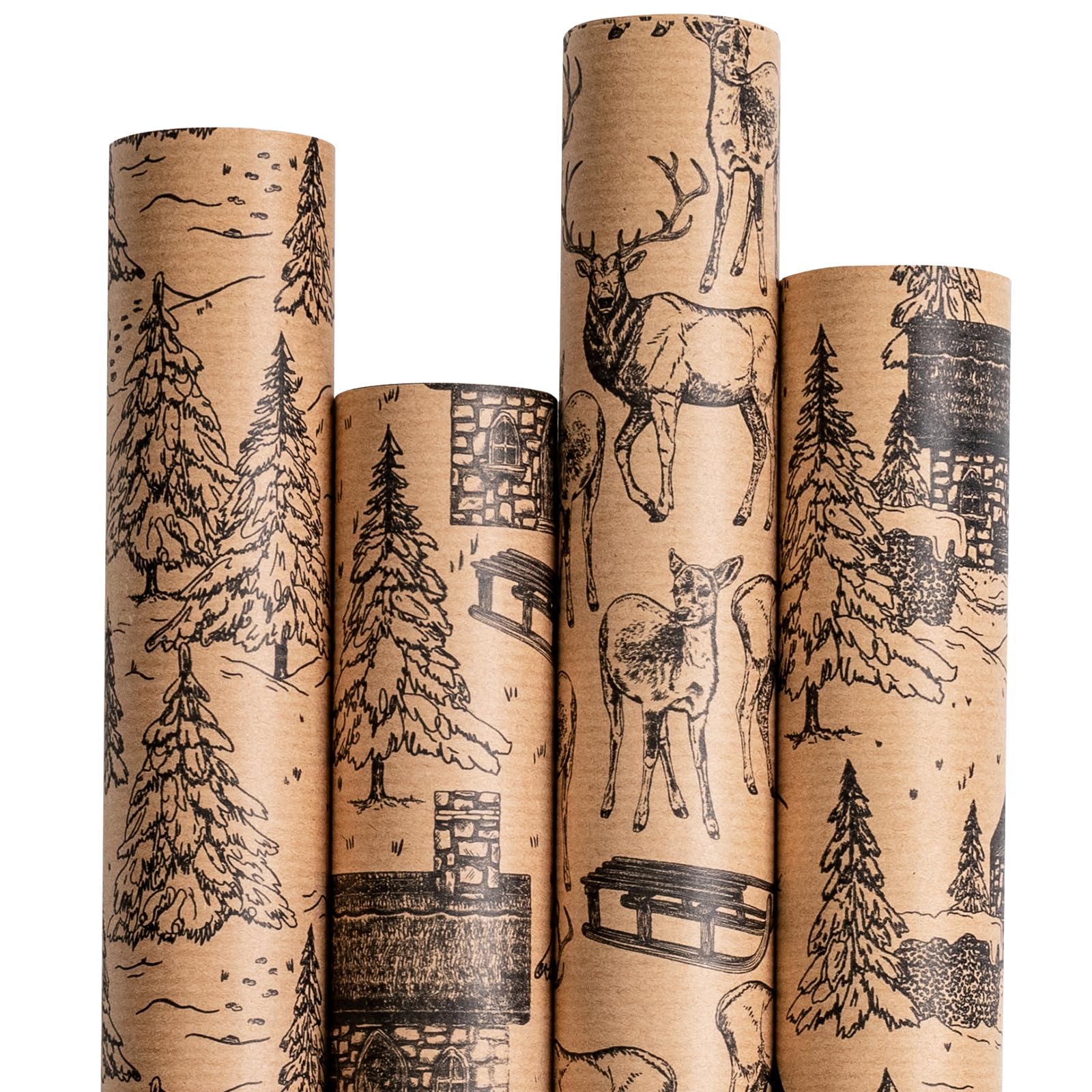 RUSPEPA Kraft Wrapping Paper Rolls - 17 inches x 10 feet per Roll, Total of 4 Rolls, Black Sketch Design