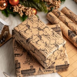 RUSPEPA Kraft Wrapping Paper Rolls - 17 inches x 10 feet per Roll, Total of 4 Rolls, Black Sketch Design