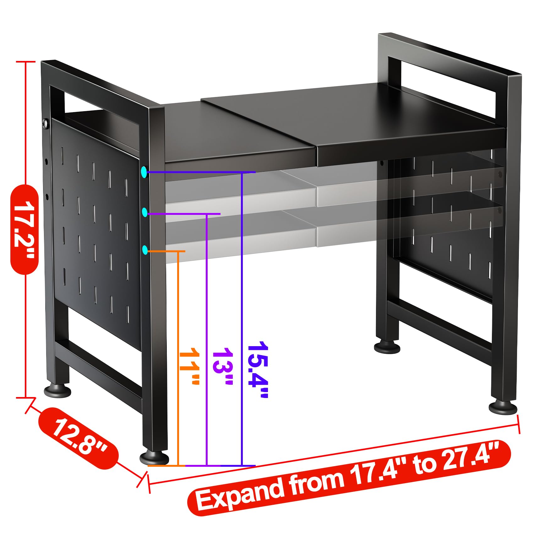 Kitstorack Adjustable Microwave Oven Rack,Microwave Stand Shelf Heavy Duty 2-Tier Shelf with Cutting Boards Stand for Kitchen Shelves Counter Top Organizer, Holds 180lbs,9 Hooks