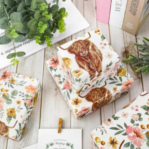 AnyDesign Boho Floral Highland Cow Wrapping Paper Folded Flat Boho Flower Gift Wrap Paper Bulk Cute Cow Art Paper for Birthday Wedding Baby Shower DIY Crafts Gift Packing, 19.7 x 27.6 in, 6 Sheet