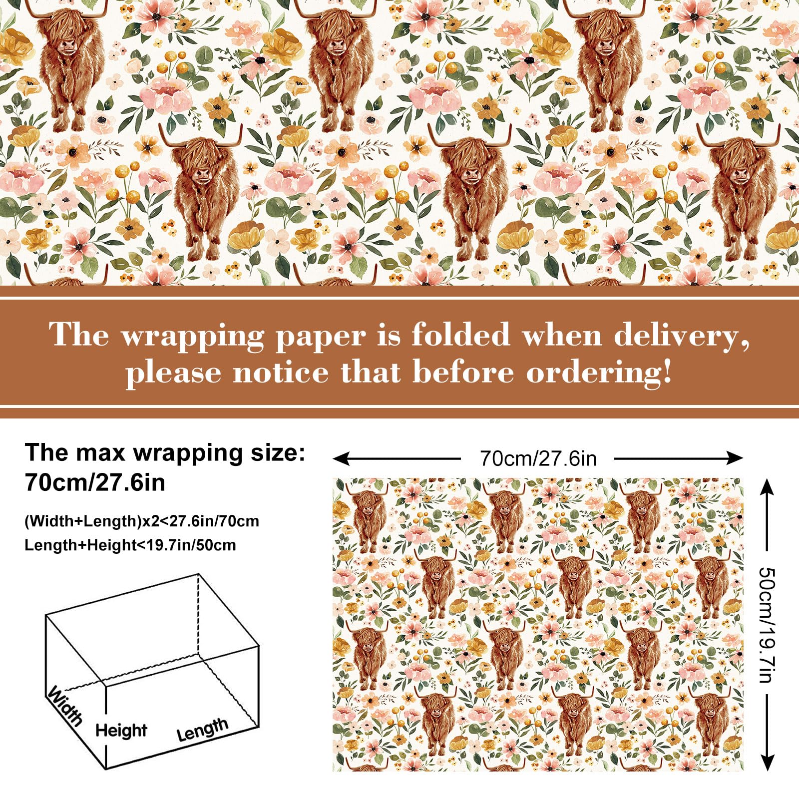 AnyDesign Boho Floral Highland Cow Wrapping Paper Folded Flat Boho Flower Gift Wrap Paper Bulk Cute Cow Art Paper for Birthday Wedding Baby Shower DIY Crafts Gift Packing, 19.7 x 27.6 in, 6 Sheet