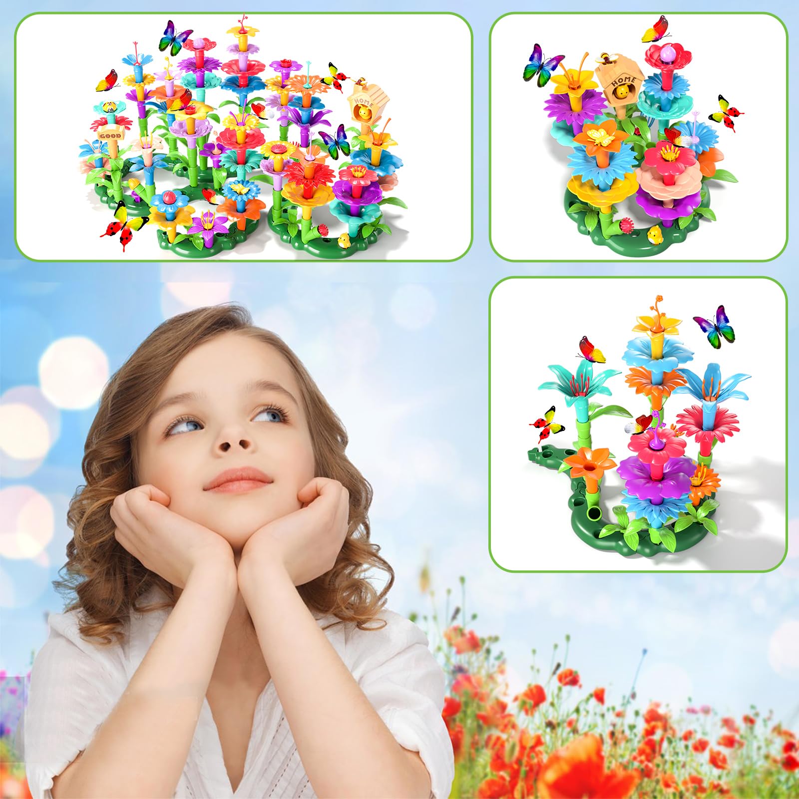 184Pcs Flower Garden Building Toys for Girls 3 4 5 6 7 Year Old, Upgrade DIY Building Stacking Toys, STEM Preschool Educational Toddler Toys Brain Development Kindergarten Kids Toy