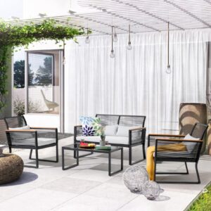 patiorama 4 piece patio furniture set, outdoor wicker bistro set, all-weather black pe rattan conversation set w/coffee table, loveseat, wood-like armrest, cushions for garden balcony deck, light grey