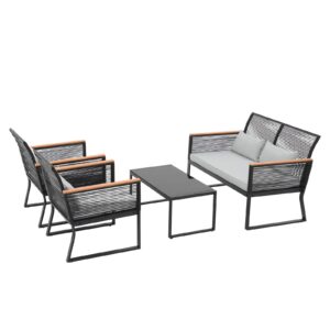 Patiorama 4 Piece Patio Furniture Set, Outdoor Wicker Bistro Set, All-Weather Black PE Rattan Conversation Set w/Coffee Table, Loveseat, Wood-like Armrest, Cushions for Garden Balcony Deck, Light Grey