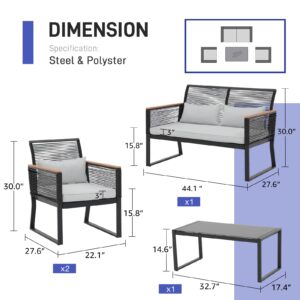 Patiorama 4 Piece Patio Furniture Set, Outdoor Wicker Bistro Set, All-Weather Black PE Rattan Conversation Set w/Coffee Table, Loveseat, Wood-like Armrest, Cushions for Garden Balcony Deck, Light Grey