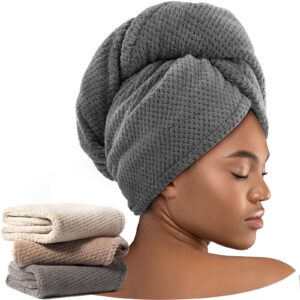 umisleep 3 pack microfiber hair towel wrap for curly hair, super absorbent hair drying towel for women, kids, hair care accessories, hair turban for wet hair (grey, camel, brown)