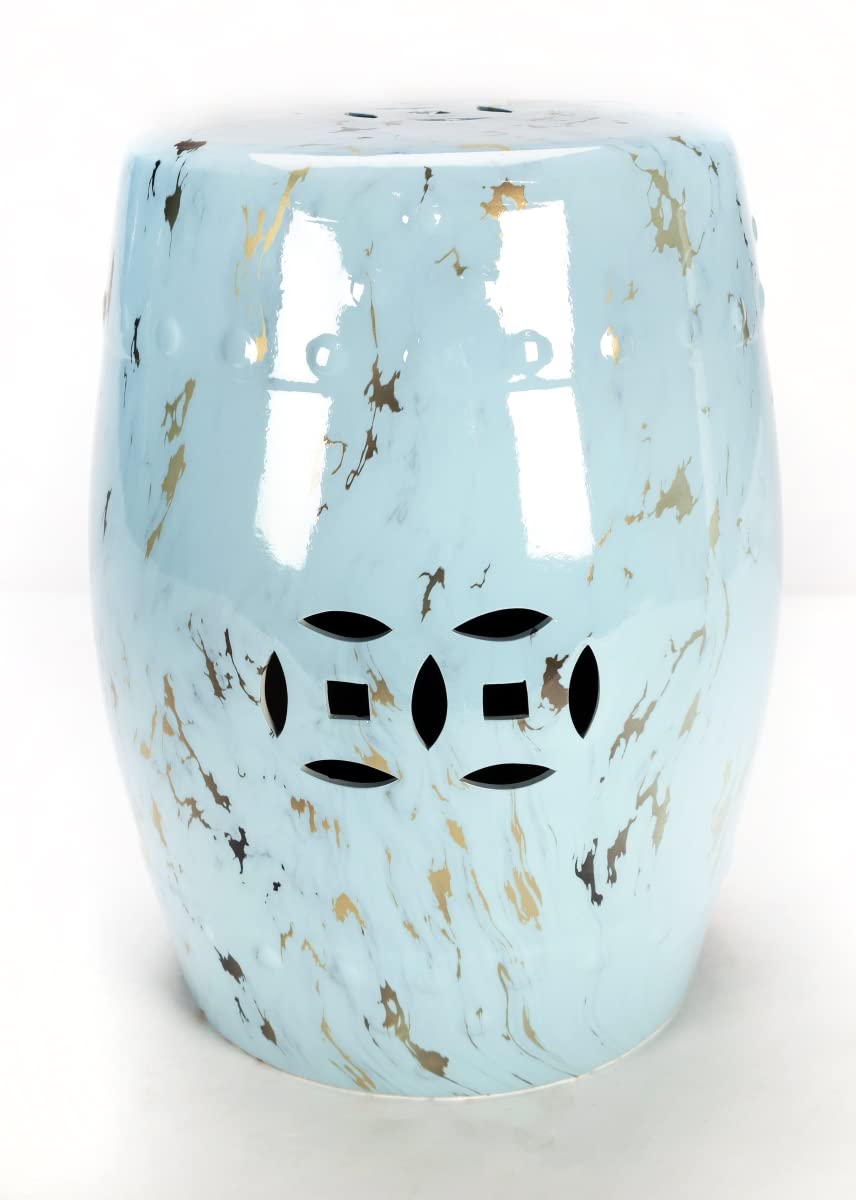 AA Importing 59869-BL Ceramic Garden Stool Light Blue with Gold Accents