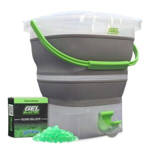 gel blaster gellet depot with 10,000 gellets - portable & collapsible ammo storage tub, fast loading nozzle & strainer - hydrates & stores 10,000 water based gellets - toy gel blasters accessories