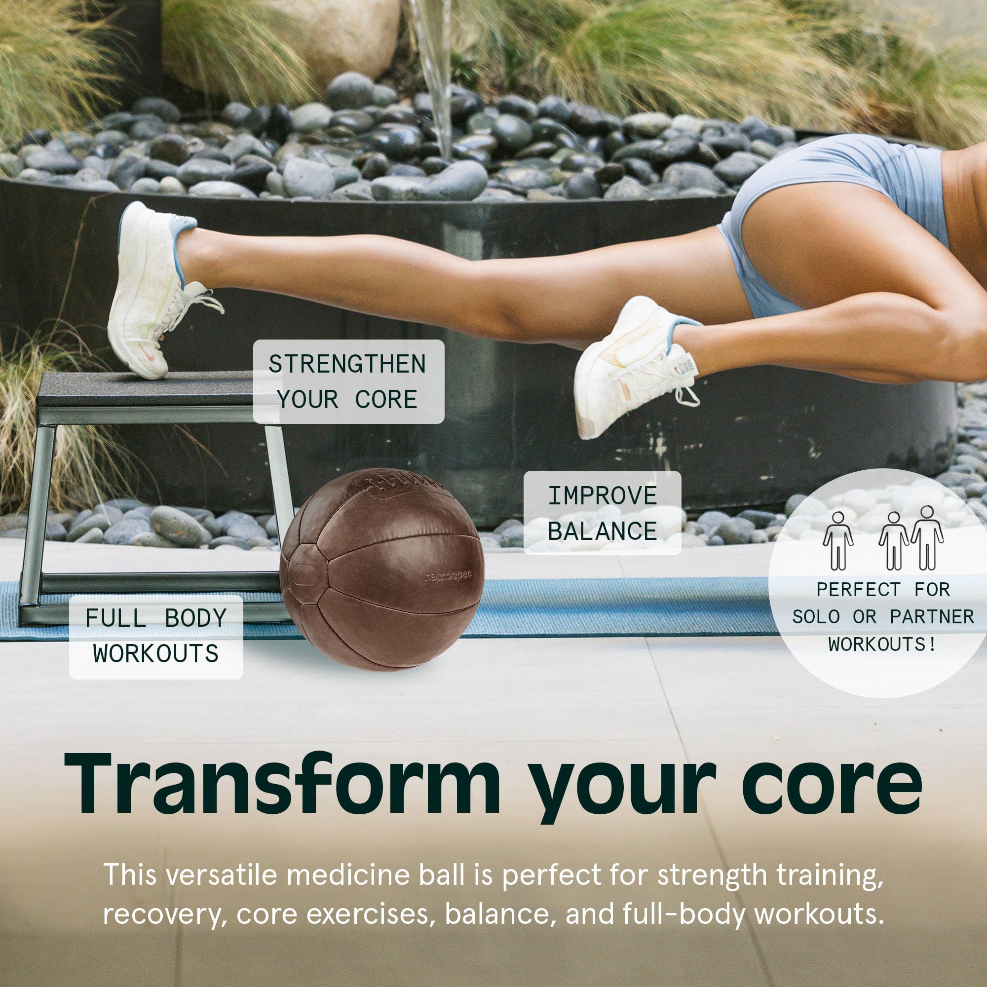 Retrospec Core Weighted Medicine Ball 4, 6, 8, 10, 12, 14, 16, 20, 25, 30 lbs, Soft Touch Vegan Leather with Sturdy Grip for Strength Training, Recovery, Balance Exercises and Other Full-Body Workouts