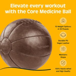 Retrospec Core Weighted Medicine Ball 4, 6, 8, 10, 12, 14, 16, 20, 25, 30 lbs, Soft Touch Vegan Leather with Sturdy Grip for Strength Training, Recovery, Balance Exercises and Other Full-Body Workouts